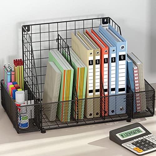 Magazine Holder Rack, Vertical Desk File Organizer,Metal Mesh Folder Binder Holder with 3 Adjustable File Compartments 2 Pen Organizers, Paper File Rack Home Office Desk Organizers and Accessorie