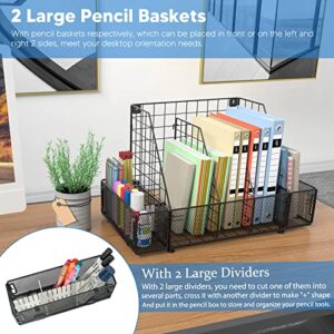 Magazine Holder Rack, Vertical Desk File Organizer,Metal Mesh Folder Binder Holder with 3 Adjustable File Compartments 2 Pen Organizers, Paper File Rack Home Office Desk Organizers and Accessorie