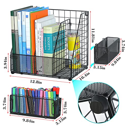 Magazine Holder Rack, Vertical Desk File Organizer,Metal Mesh Folder Binder Holder with 3 Adjustable File Compartments 2 Pen Organizers, Paper File Rack Home Office Desk Organizers and Accessorie