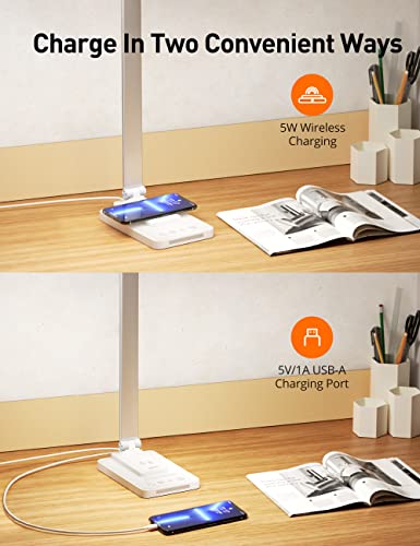 sympa LED Desk Lamp with Wireless Charger, Night Light, Dimmable Table Lamp with USB Charging Port, 5 Brightness & 5 Lighting Modes, 60 min Timer, Memory Function for Home Nail Office Reading