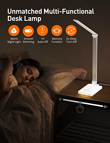 sympa LED Desk Lamp with Wireless Charger, Night Light, Dimmable Table Lamp with USB Charging Port, 5 Brightness & 5 Lighting Modes, 60 min Timer, Memory Function for Home Nail Office Reading