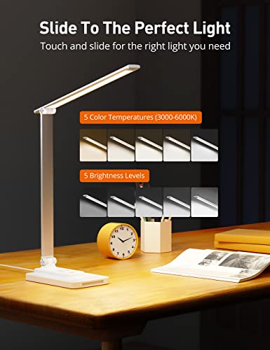 sympa LED Desk Lamp with Wireless Charger, Night Light, Dimmable Table Lamp with USB Charging Port, 5 Brightness & 5 Lighting Modes, 60 min Timer, Memory Function for Home Nail Office Reading