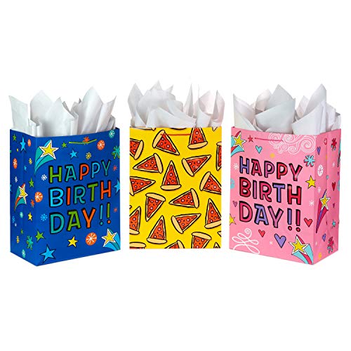 Hallmark 17" Extra Large Birthday Gift Bags (3 Bags: Blue and Green, Pink and Purple, Yellow with Pizza) for Kids, Teens, Boys, Girls, Grandchildren