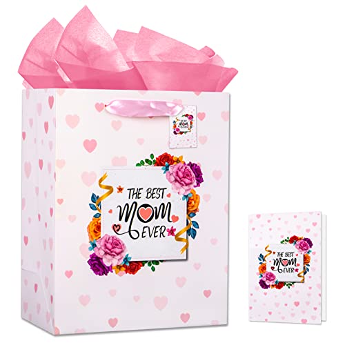 WhatSign Mothers Day Gift Bags with Handle 11.5" Medium Mother's Day Best Mom Ever Gifts Bags with Tissue Paper Happy Mother's Day Flowers Paper Gift Bags for Mom Grandmother Aunt Wife Birthday Bags