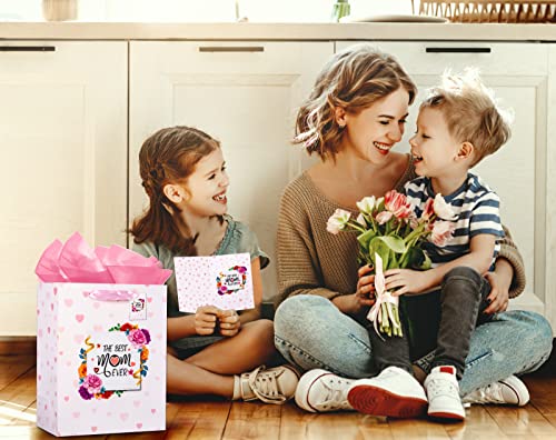 WhatSign Mothers Day Gift Bags with Handle 11.5" Medium Mother's Day Best Mom Ever Gifts Bags with Tissue Paper Happy Mother's Day Flowers Paper Gift Bags for Mom Grandmother Aunt Wife Birthday Bags