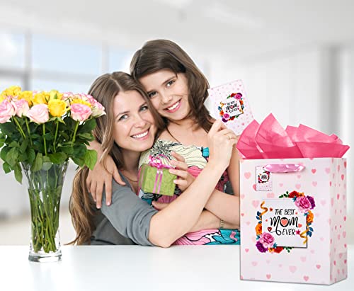 WhatSign Mothers Day Gift Bags with Handle 11.5" Medium Mother's Day Best Mom Ever Gifts Bags with Tissue Paper Happy Mother's Day Flowers Paper Gift Bags for Mom Grandmother Aunt Wife Birthday Bags