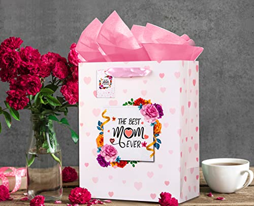 WhatSign Mothers Day Gift Bags with Handle 11.5" Medium Mother's Day Best Mom Ever Gifts Bags with Tissue Paper Happy Mother's Day Flowers Paper Gift Bags for Mom Grandmother Aunt Wife Birthday Bags