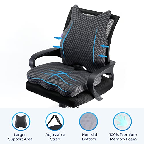 Seat Cushion & Lumbar Support Pillow: Memory Foam Chair Pad Back Cushion for Office Chair Car Seat Wheelchair Travel, Reduce Tailbone Pressure and Improve Comfort, Orthopedic Sciatica Hip Pain Relief