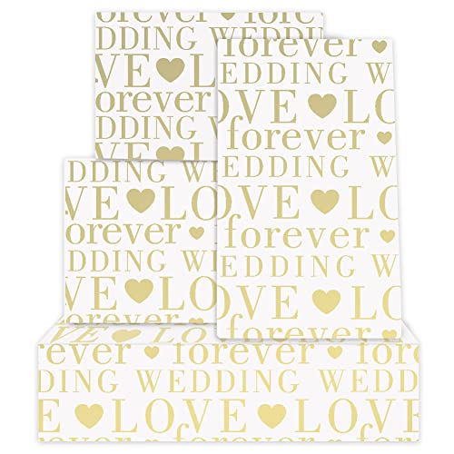 Love Forever Wedding Letter With Hearts White & Gold Foil Design Wrapping Paper Folded Flat 4 Sheets 20x28 inches Per Sheet For Weddings, Bridal Showers, Engagements