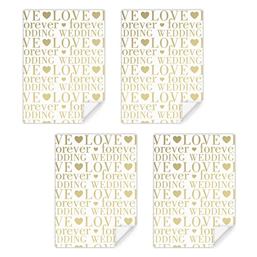 Love Forever Wedding Letter With Hearts White & Gold Foil Design Wrapping Paper Folded Flat 4 Sheets 20x28 inches Per Sheet For Weddings, Bridal Showers, Engagements