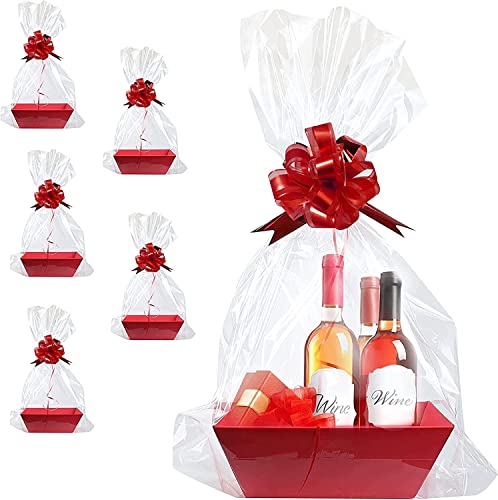 Upper Midland Products [5PK Large Red Baskets For Gifts Empty To Fill| Bulk Gift Basket Kit- 10x12” Big Red Basket | 5 Cellophane Bags | 5 Pack Red Pull Bows