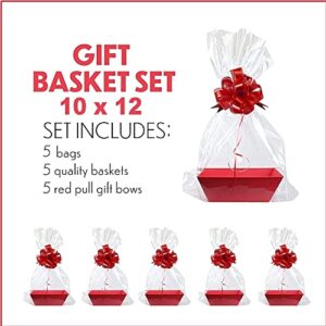 Upper Midland Products [5PK Large Red Baskets For Gifts Empty To Fill| Bulk Gift Basket Kit- 10x12” Big Red Basket | 5 Cellophane Bags | 5 Pack Red Pull Bows