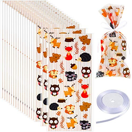 Zonon 100 Woodland Treat Bags Woodland Animal Party Favor Candy Bags Forest Animal Cookie Bags Squirrel Owl Deer Hedgehog Bear Creatures Cellophane Bags for Kids Baby Shower Birthday Party