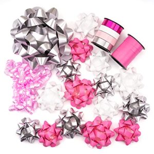 wrapaholic 19 pcs gift bows assortment – 16 multi colored assorted size gift bows(pink, white, silver), 2 crimped curling ribbons, 1 pink curly bows, perfect for christmas, holiday, party