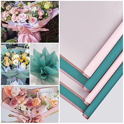 Jutieuo 20 Sheets Flower Wrapping Paper Florist Bouquet Supplies Waterproof Floral Wrapping Paper with Ribbon, 22.8x22.8 inch (Pink)