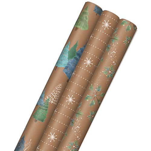 Hallmark Recyclable Holiday Wrapping Paper with Cut Lines on Reverse (3 Rolls: 90 sq. ft. ttl) Wintry Nature: Kraft Brown with White Snowflakes, Blue and Green Foliage, Christmas Trees