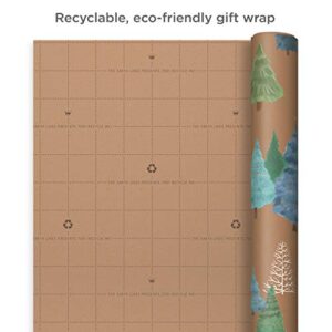 Hallmark Recyclable Holiday Wrapping Paper with Cut Lines on Reverse (3 Rolls: 90 sq. ft. ttl) Wintry Nature: Kraft Brown with White Snowflakes, Blue and Green Foliage, Christmas Trees