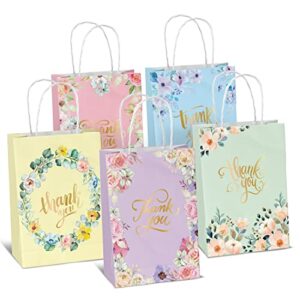 floral thank you gift bags – 20 pack (5 colors) | party favor bags pastel goodie bags for birthday, valentines, baby shower – colored paper bags with handles