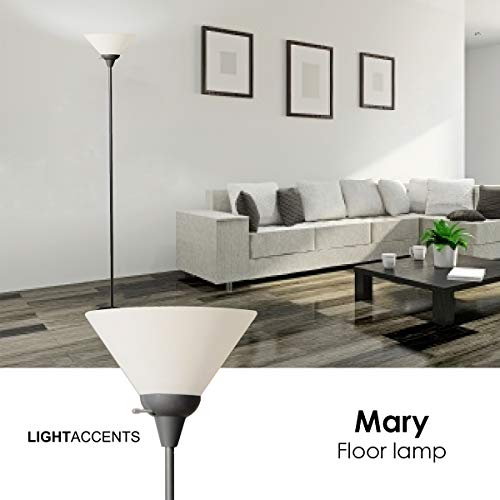 LIGHTACCENTS Black Metal Floor Lamp with Opal White Cone Shade. Model 6113-21 Standing Pole Torch Floor Lamp Torchiere Super Bright Floor Lamp (Black Finish)