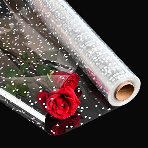 Giiffu 148Ft Clear Cellophane Wrap Roll (Folded 34''x148Ft) Irregular White Dot Florist Paper Wrapper 3 Mil Thicken Long Film Large Gift Wrapping Paper for Flower Gift Baskets Wrap