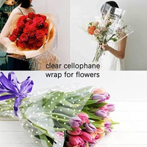 Giiffu 148Ft Clear Cellophane Wrap Roll (Folded 34''x148Ft) Irregular White Dot Florist Paper Wrapper 3 Mil Thicken Long Film Large Gift Wrapping Paper for Flower Gift Baskets Wrap