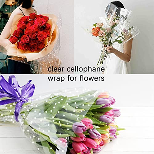 Giiffu 148Ft Clear Cellophane Wrap Roll (Folded 34''x148Ft) Irregular White Dot Florist Paper Wrapper 3 Mil Thicken Long Film Large Gift Wrapping Paper for Flower Gift Baskets Wrap