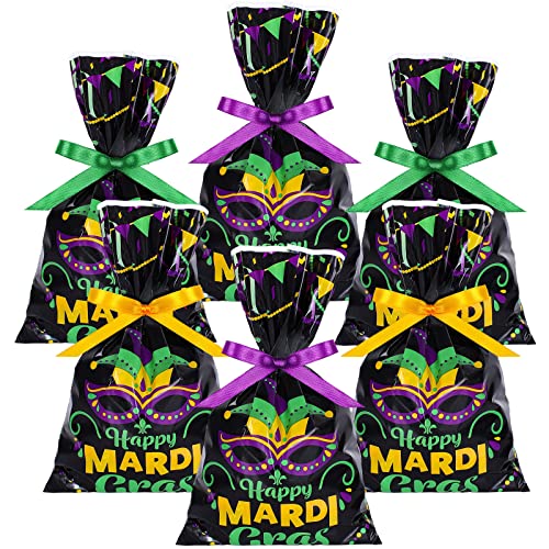 Whaline 100Pcs Happy Mardi Gras party Bags Masquerade Mask Pattern Cellophane Bag with Purple Green Yellow Ribbon Carnival Goodie Cookie Treat Bags for New Orleans Mardi Gras Party Favor Supplies