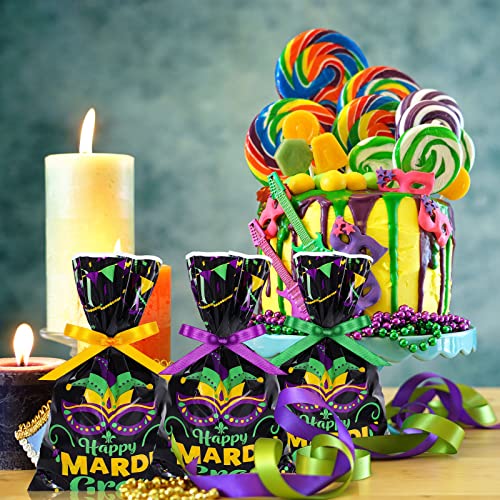 Whaline 100Pcs Happy Mardi Gras party Bags Masquerade Mask Pattern Cellophane Bag with Purple Green Yellow Ribbon Carnival Goodie Cookie Treat Bags for New Orleans Mardi Gras Party Favor Supplies