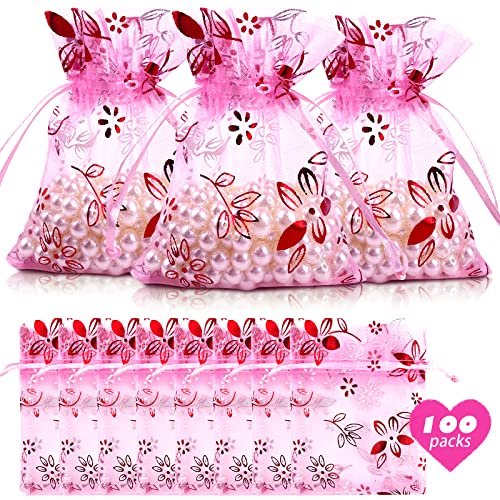 100 PCS Pink Organza Bags with Flowers Jewelry Pouch 3.54 X 4.72 Inches Tulle Pockets Organizer Drawstring Bags for Candy Jewelry Party Wedding Favor