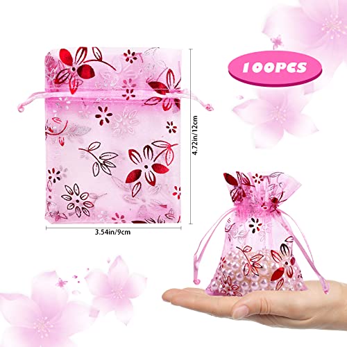 100 PCS Pink Organza Bags with Flowers Jewelry Pouch 3.54 X 4.72 Inches Tulle Pockets Organizer Drawstring Bags for Candy Jewelry Party Wedding Favor