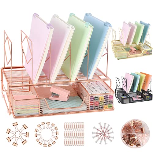 Spacrea Rose Gold Desk Organizers - File Organizer Desk Accessories with Vertical File Folder Holders & Sliding Drawer, Office Supplies for Workspace College Dorm Home(Binder Clips Included)