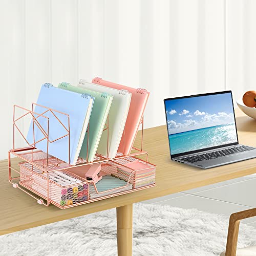 Spacrea Rose Gold Desk Organizers - File Organizer Desk Accessories with Vertical File Folder Holders & Sliding Drawer, Office Supplies for Workspace College Dorm Home(Binder Clips Included)