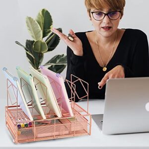 Spacrea Rose Gold Desk Organizers - File Organizer Desk Accessories with Vertical File Folder Holders & Sliding Drawer, Office Supplies for Workspace College Dorm Home(Binder Clips Included)