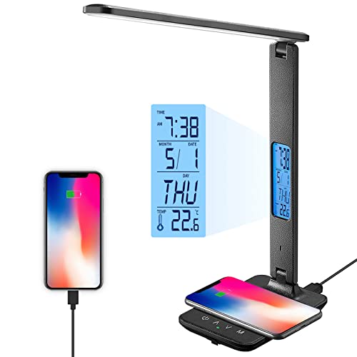 XIMI-V LED Desk Lamp with Wireless Charger, Table Lamp with Clock, Alarm, Date, Temperature, Office Lamp, Desk Lamps for Home Office (Black)