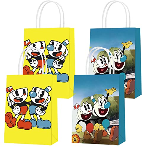 leiquyeah 16pcs Cup Head TV Show Party Favor Bags, Cartoon Theme Birthday Paper Gift Bags with Handles for Decorations Goody Treat Candy (023)