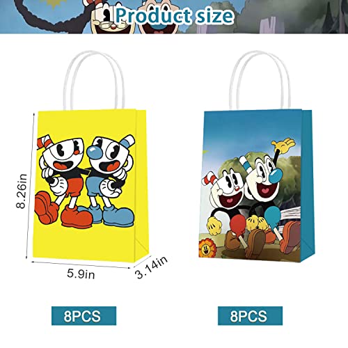 leiquyeah 16pcs Cup Head TV Show Party Favor Bags, Cartoon Theme Birthday Paper Gift Bags with Handles for Decorations Goody Treat Candy (023)