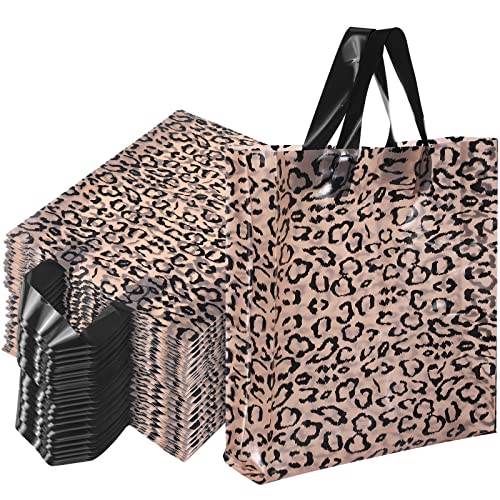 150 Pack Boutique Bags with Handles Plastic Merchandise Bags Small Christmas Reusable Shopping Gifts Bags 10 x 13 Inch (Leopard Pattern)