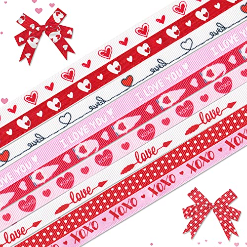 9 Rolls 27 Yards Valentine Ribbons Red Pink Ribbons Love Gnomes Decorative Grosgrain Ribbons XOXO Heart Dot Valentine's Day Satin Ribbon 3/8" Wide for Gift Wrapping Crafts Anniversary Party