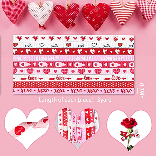 9 Rolls 27 Yards Valentine Ribbons Red Pink Ribbons Love Gnomes Decorative Grosgrain Ribbons XOXO Heart Dot Valentine's Day Satin Ribbon 3/8" Wide for Gift Wrapping Crafts Anniversary Party