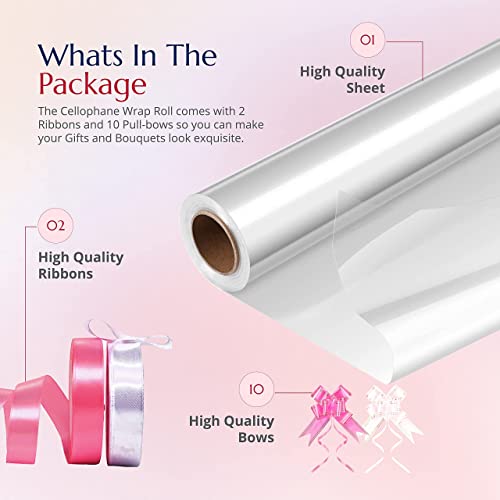 31.5 inch x 100 ft Clear Cellophane Wrap Roll for Gift Baskets with 10 Large Pull Bows and 2 Ribbons -Florist Cellophane Wrap Roll used for Christmas Crafts, Gifts, Flower Bouquet, Wicker Basket, Halloween Sweets