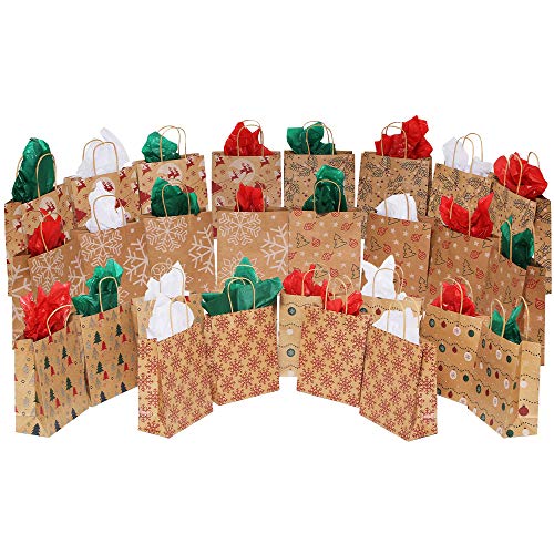 MOMONI 28 Piece Medium Premium Christmas Gift Bags- Classic Variety Kraft Gift Bags Bulk Christmas Bags- Good for Xmas Party Favors, Goody Gift Bags, Holiday Treat Box and Presents