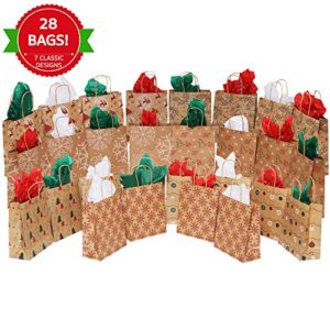 MOMONI 28 Piece Medium Premium Christmas Gift Bags- Classic Variety Kraft Gift Bags Bulk Christmas Bags- Good for Xmas Party Favors, Goody Gift Bags, Holiday Treat Box and Presents