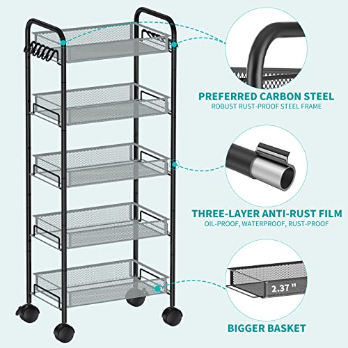 HomeHom 5-Tier Rolling Cart, Metal Utility Cart with Lockable Wheels, Rolling Storage Cart with Handle Kitchen Cart with 12 Hooks for Office, Bathroom, Kitchen, Kids' Room, Classroom (Black)