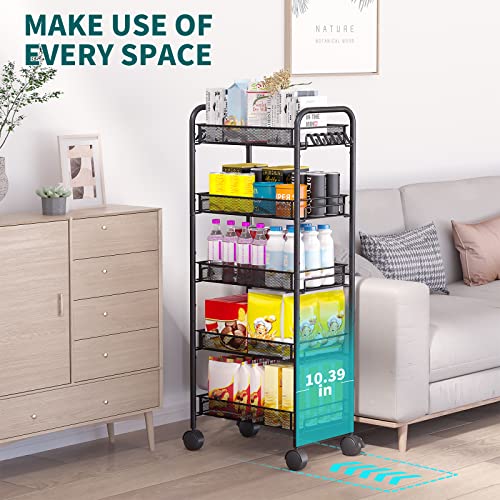 HomeHom 5-Tier Rolling Cart, Metal Utility Cart with Lockable Wheels, Rolling Storage Cart with Handle Kitchen Cart with 12 Hooks for Office, Bathroom, Kitchen, Kids' Room, Classroom (Black)