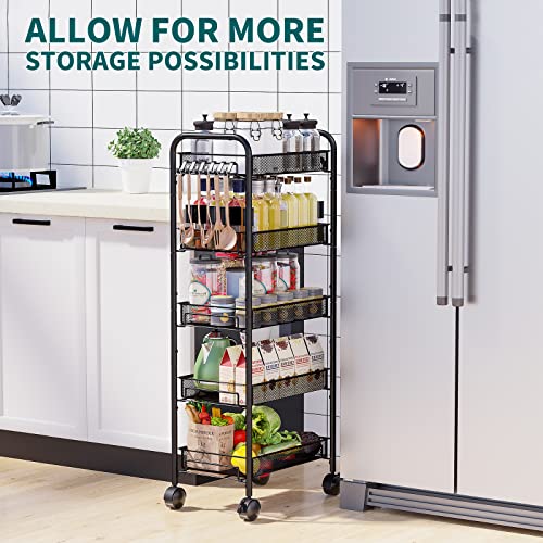 HomeHom 5-Tier Rolling Cart, Metal Utility Cart with Lockable Wheels, Rolling Storage Cart with Handle Kitchen Cart with 12 Hooks for Office, Bathroom, Kitchen, Kids' Room, Classroom (Black)