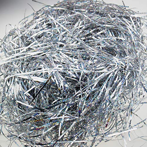 100 Grams Shiny Iridescent Film PP Hamper Shreds & Strands Shredded Crinkle Confetti for DIY Gift Wrapping & Basket Filling (Silver)