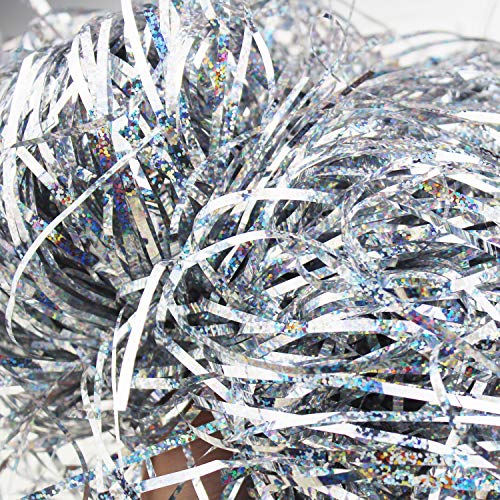 100 Grams Shiny Iridescent Film PP Hamper Shreds & Strands Shredded Crinkle Confetti for DIY Gift Wrapping & Basket Filling (Silver)