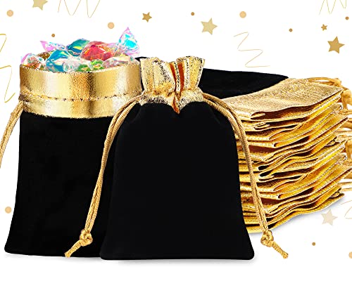 80 Pieces Velvet Bags with Drawstrings Soft Velour Jewelry Pouch Sacks Candy Gift Packaging Pouch Bag for Graduation Wedding Christmas Birthday Party Supplies, 2.8 x 3.5 Inch (Black, Gold)