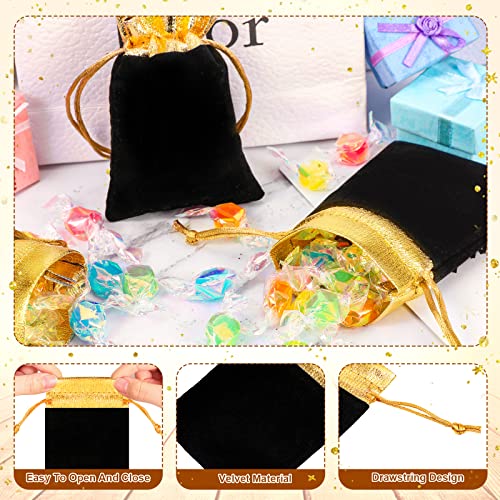 80 Pieces Velvet Bags with Drawstrings Soft Velour Jewelry Pouch Sacks Candy Gift Packaging Pouch Bag for Graduation Wedding Christmas Birthday Party Supplies, 2.8 x 3.5 Inch (Black, Gold)