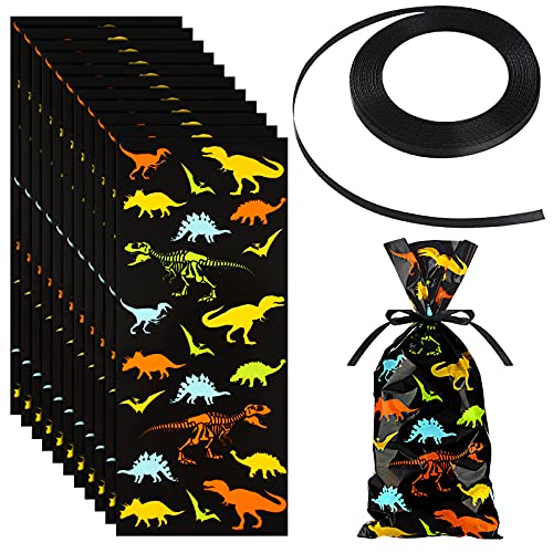 Outus 100 Pieces Dinosaur Cellophane Bags Clear Dinosaur Skeleton Bags Party Favors Bags with A Roll of Ribbon for Chocolate Candy Snacks Cookies Dinosaur Themed Party Supplies (Multi Colors)